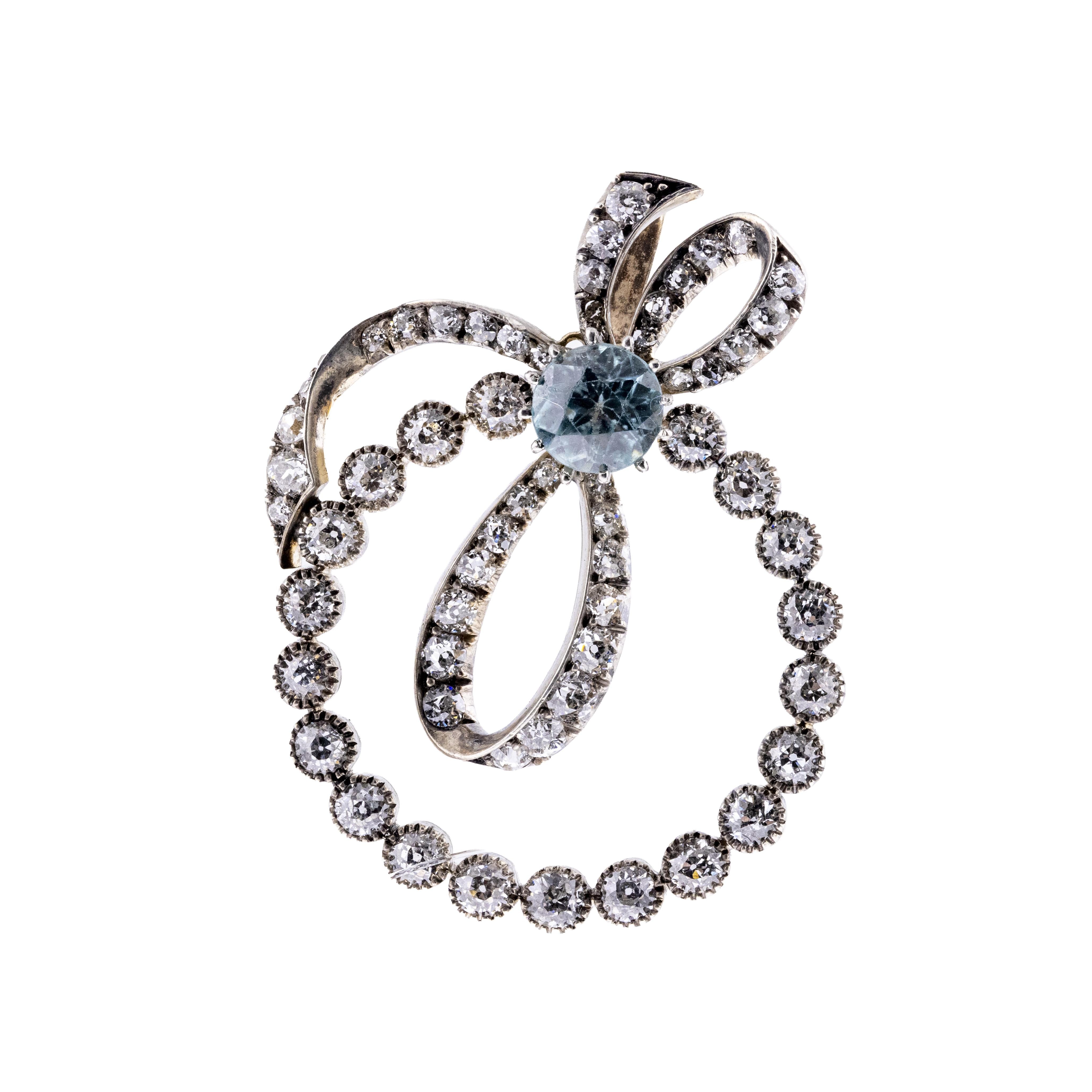 Edwardian Blue Zircon & Mine Cut Diamond Ribbon Motif Pendant circa 19 ...