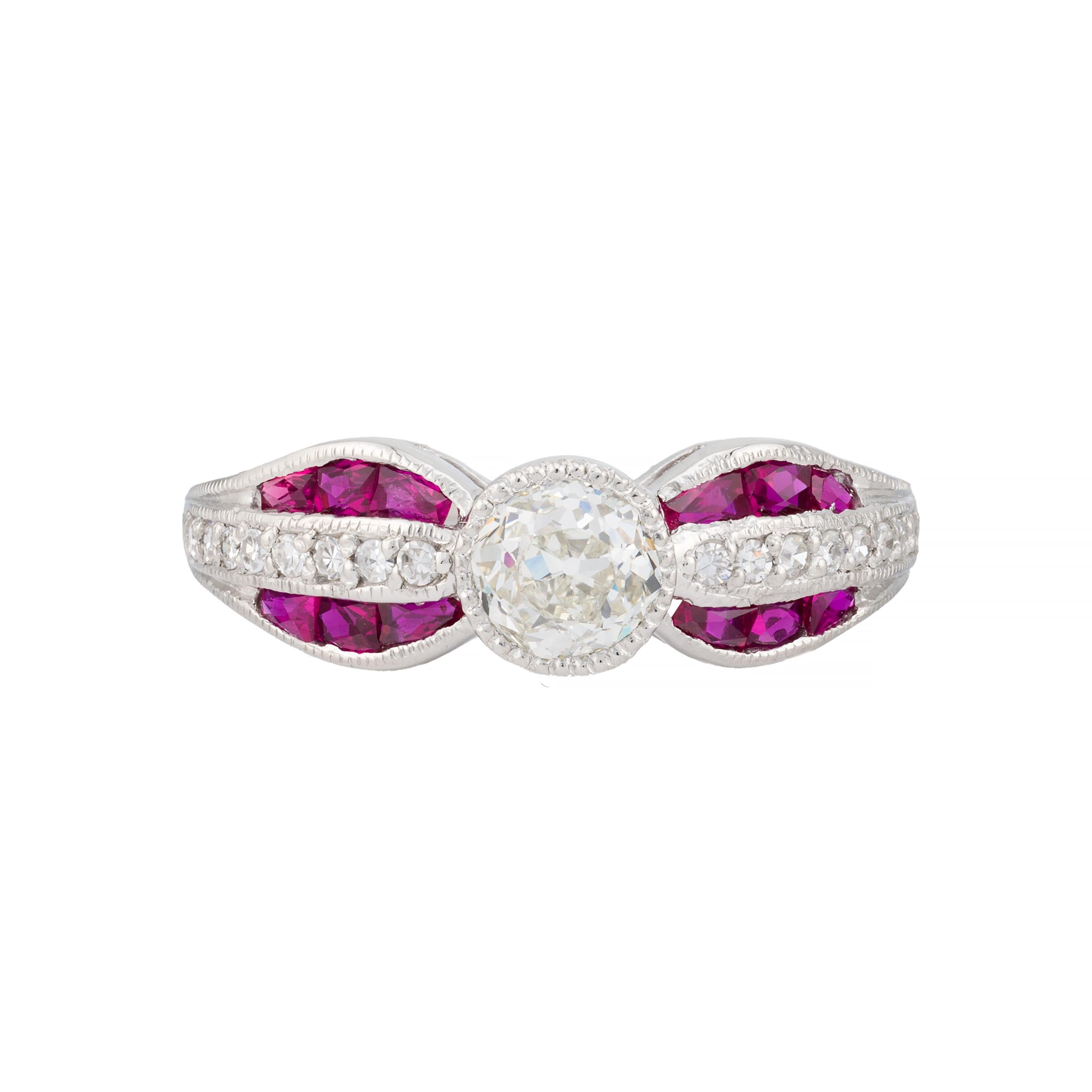 Art Deco Mine Cut Diamond & French Cut Ruby Bow Motif Engagement Ring ...